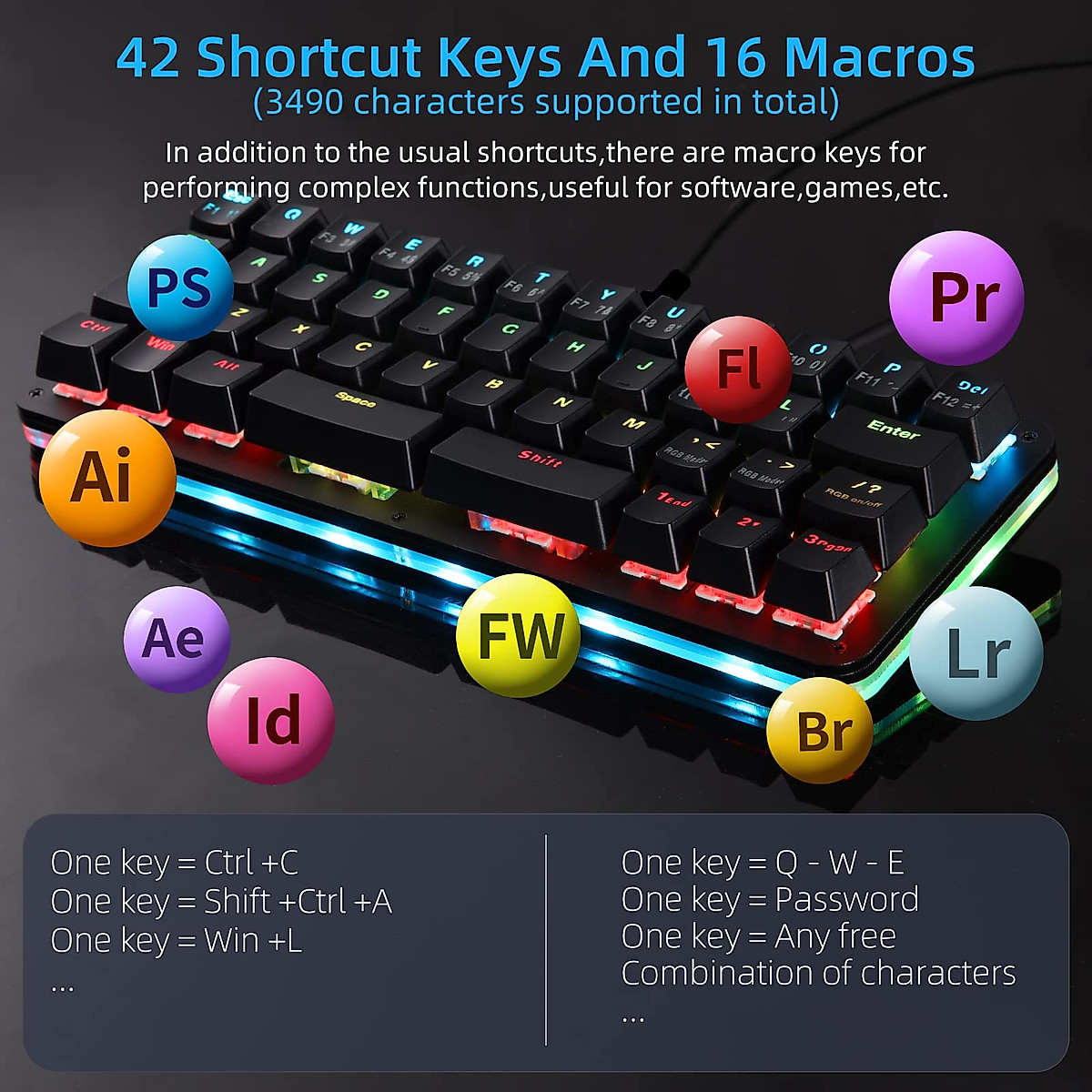 Koolertron Single-Handed Programmable Mechanical Keyboard with OEM Gateron Red Switch,All 44 Programmable Keys Tools Keypad,8 Macro Keys,PBT Keycaps.[SMKD72-C]