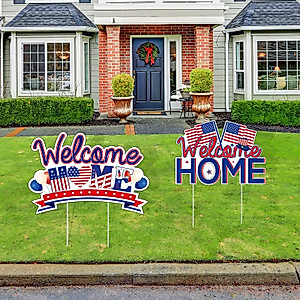 Welcome Military Home Yard Sign with Stakes Outdoor Welcome Party Lawn Decoration Supplies Patriotic Homecoming Army Deployment Returning Yard Decor