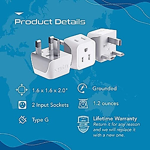 Ceptics UK Travel Plug Adapter, 2 in 1 Type G Adapter, US to UK Adapter, Ireland, Dubai Travel Adapter with Dual USA Inputs, CE, RoHS - HK Outlet Adapter, 3 Pack