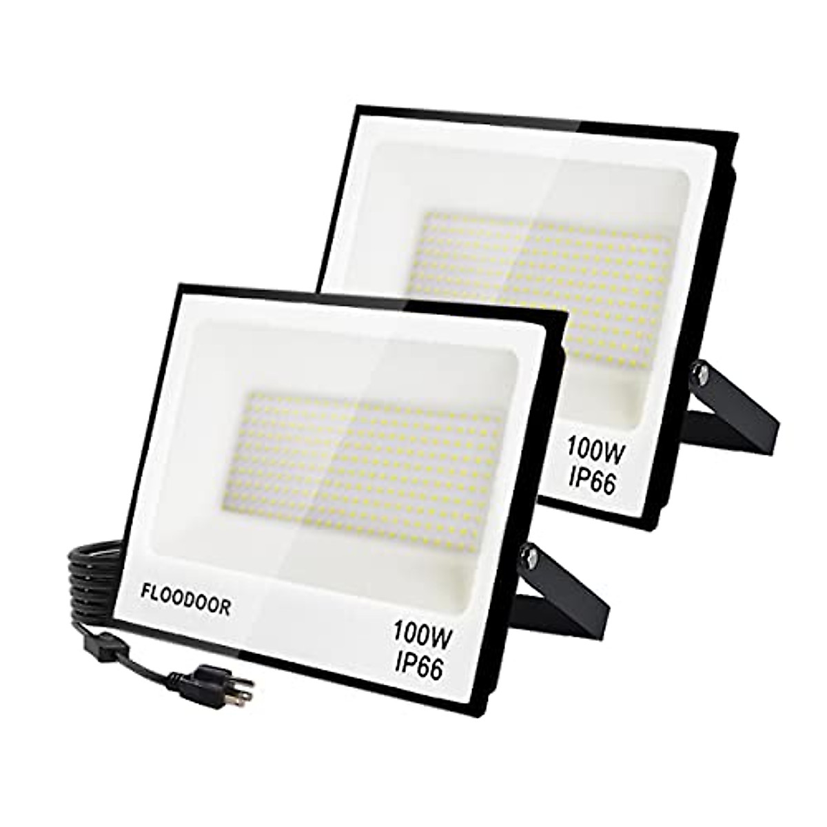 Floodoor 100W LED Flood Lights Outdoor, 10000LM Super Bright Flood Light with Plug, IP66 Waterproof Safety Work Lights for Yard, Garden, Playground, Basketball Court (2 Pack)