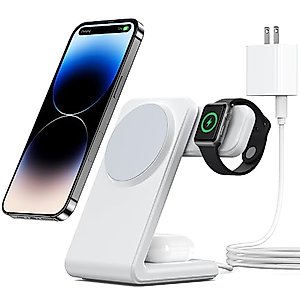 Houflody 3 in 1 Magnetic Wireless Charging Station, Wireless Charger for Magsafe with PD 20W Adapter for iPhone 15 14 13 12/Pro/Pro Max/Plus/Mini, Apple Watch Ultra/SE/9 to 2, AirPods 3/2/pro, White