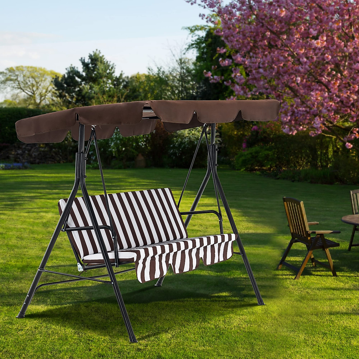 MCombo 2-3 Person Patio Swings with Canopy, Outdoor Porch Swing Chair with Steel Stand, Removable Cushions, for Backyard Garden Balcony 4008 (Brown with White Stripes)