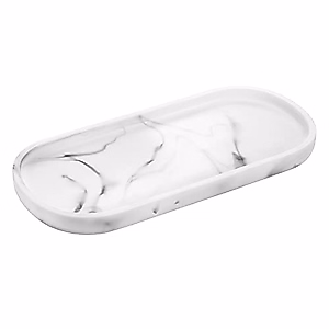 Luxspire Bathroom Vanity Tray, Toilet Tank Oval Storage Tray, Resin Handmade Bathroom Bathtub Kitchen Dresser Countertop Organizer for Soap Shampoo Candles Towel Plant Jewelry Ring Dish - White Marble