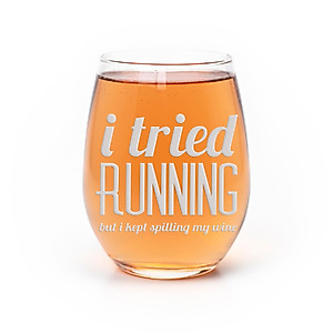 I Tried Running Spilled My Wine Stemless Wine Glass - Gift For Female Marathon Runner, Gift Ideas for Fitness Instructor, Runner Wine Glass