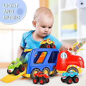 Aoskie Toddler Toys for 1 2 3 Year Old Boys Grils, Dinosaur Truck Toys for Kids with 4 Pull Back Dino Car, Christmas Party Birthday Gift