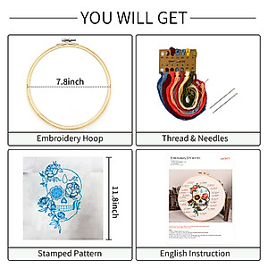 Nuberlic Embroidery Kit Cross Stitch Kits for Beginners Skull with Flowers Pattern DIY Needlepoint Kit for Adults