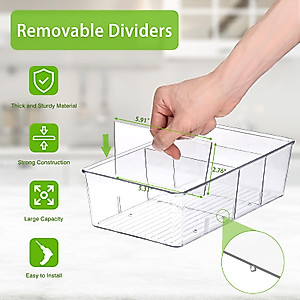 Moretoes 6 Pack Clear Plastic Storage Bins with Dividers, Food Storage Organizer Bins for Pantry Kitchen Fridge Cabinet Organization, 4 Compartment Holder for Organize Packets Spices Pouches Snacks