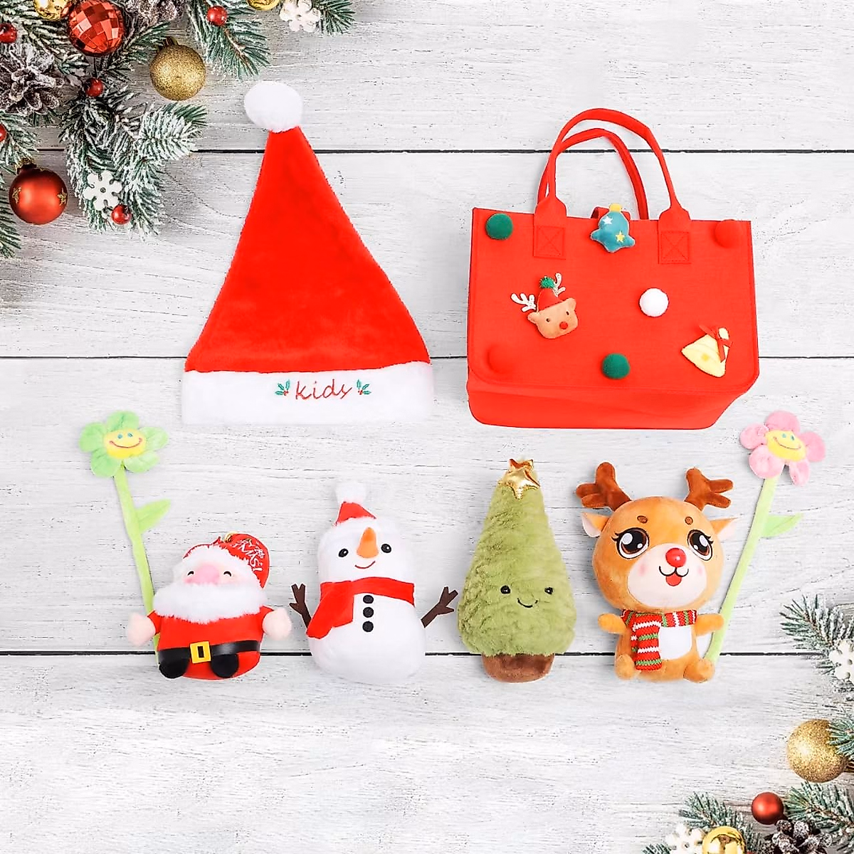 8 Pcs Christmas Plush Toy Set with Carrier Purse Bag -Snowman Santa Elk Christmas Tree Stuffed Animal Dolls Gifts for Kids,Two Plushie Flower and One Santa Hats for Complete Playset