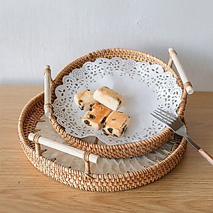 BAUHUS Set 3 Pack Round Rattan Wicker Tray with Mother of Pearl Inlay Wooden Handle for Fruit Serving, Coffee Table Tray, Vanity Tray Organizer for Kitchen, Storage and Display White Set 3