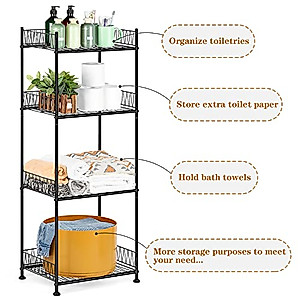 OYEAL Bathroom Shelves Freestanding Bathroom Towel Storage 4 Tier Wire Shelving Unit with Guard Bathroom Shelf Organizer Standing for Pantry Kitchen Laundry Room Organization, Black