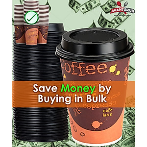 Avant Grub 100 Pack 12 Oz Restaurant Grade Paper Coffee Drinking Cup With Recyclable Dome Lids. Durable, BPA Free Disposable Designer Cups For Hot Drinks At Kiosks, Shops, Cafes