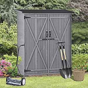 Outdoor Wooden Storage Cabinet Waterproof, Garden Tool Shed with 3-Tier Shelves, Outside Vertical Shed with 2 Double Doors, Fir Wood, 2 Locks & Handles, Gray