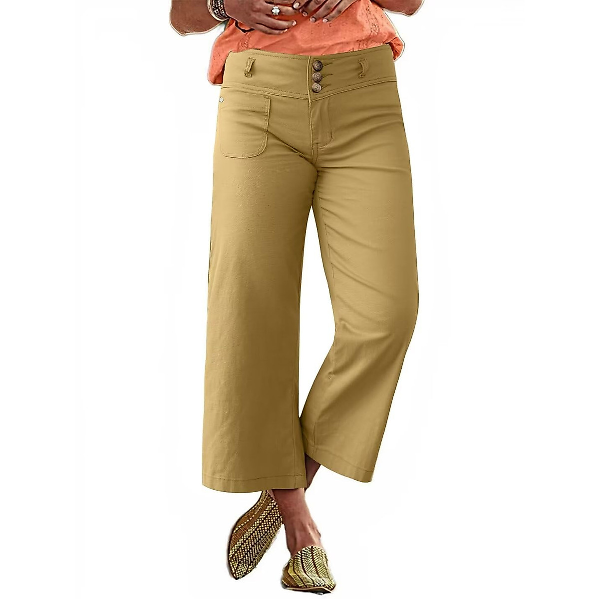 Flamingals Women's Solid Button Up Wide Leg Crop Jeans Low Waist Casual Pants Khaki