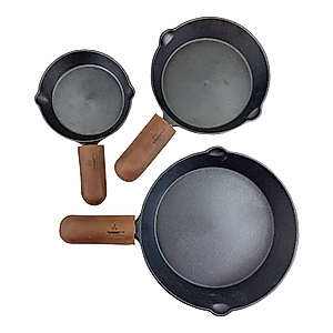 Cast Leather Co., Pan Handles Handmade from Full Grain Leather - Protect Hands from Hot, Great for Cast Iron Skillets - Kitchen, Food Accessory - Durable, Heat Resistant - 3 Pack, Bourbon Brown