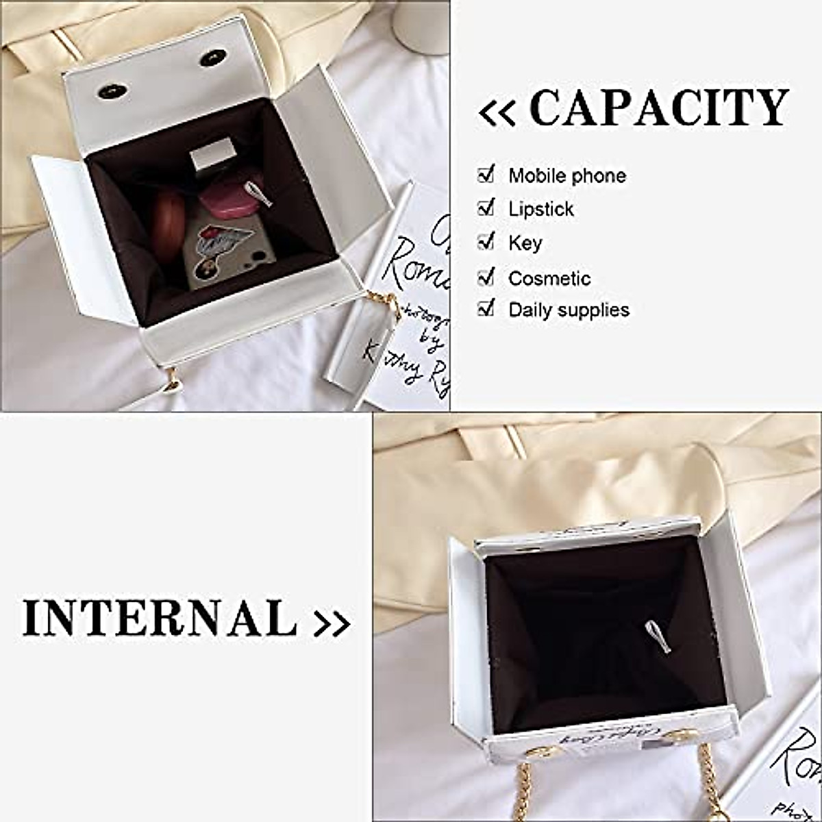 KUANG! Women Novelty Newspaper Evening Handbag Clutch Square Box Bag Envelope Purse Chain Shoulder Bag for Ladies