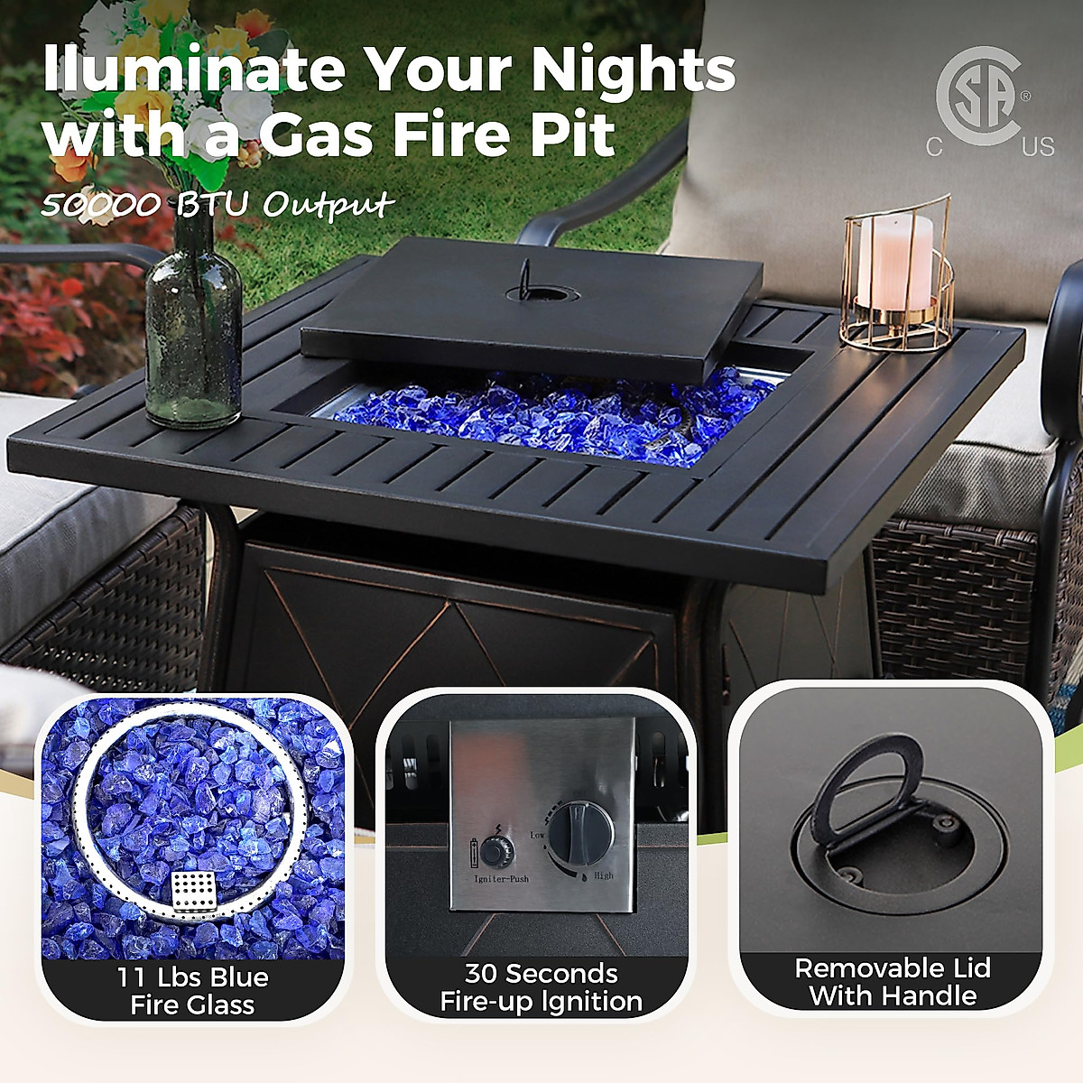 MIXPATIO Patio Furniture Set with Fire Pit Table, 5 Pcs Metal Outdoor Conversation Set, 4 Single Chairs with 5.75" Extra Thick Cushion and 28" Fire Pit Table for Backyard Deck, Beige