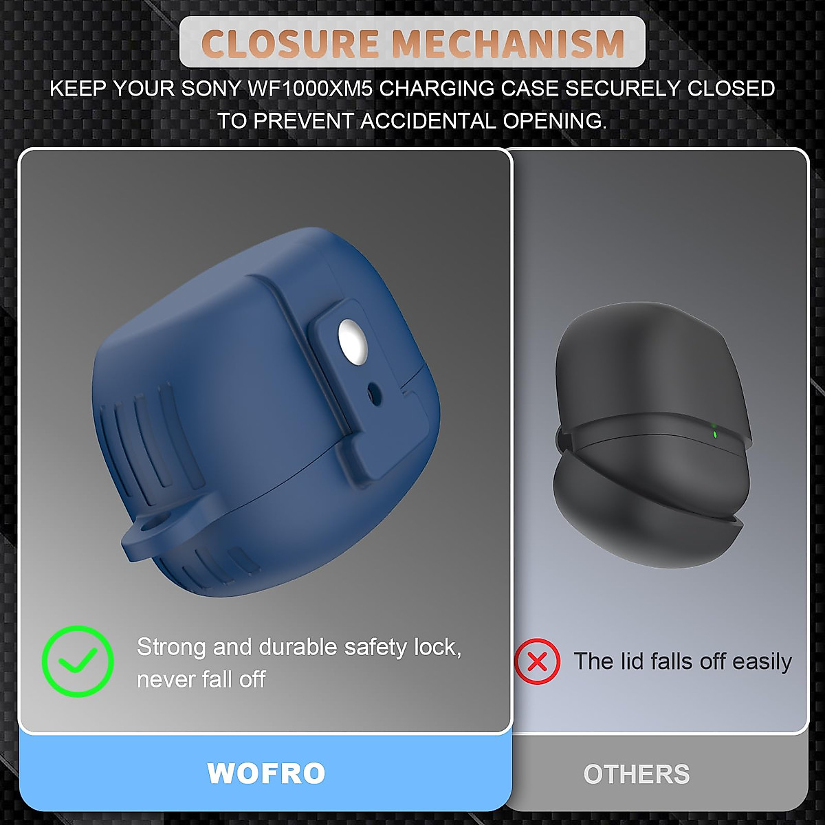 Secure Lock Case for Sony WF-1000XM5 Earbuds(2023), WOFRO Shockproof Anti-Scratch Silicone Protective Cover Skin Designed for Sony WF1000XM5 Sony XM5 Wireless Earbuds with Lanyard&Keychain (Blue)