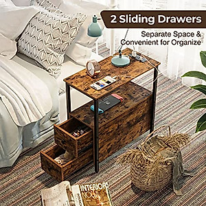 Rolanstar End Table with Charging Station, Narrow Side Table with 2 Wooden Drawers, USB Ports and Power Outlets, Nightstand Sofa Table for Small Spaces, Living Room, Bedroom, Rustic Brown