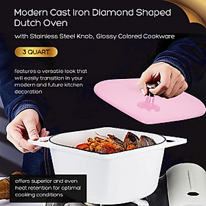 Bruntmor 3 Quart Cast Iron Enameled Dutch Oven - Modern Squoval Design - Nonstick Seasoned Pot with Stainless Steel Knob - Ideal for Christmas/Thanksgiving Dinner - White with Pink Lid