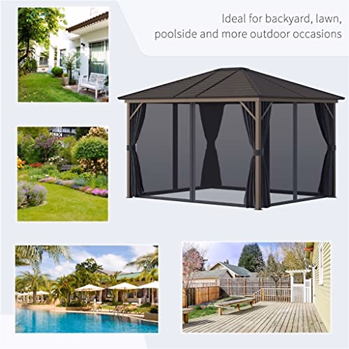 UXZDX 10' X12' Hardtop Gazebo with Aluminum Frame, with 2 Hooks, Curtains and Netting for Garden, Patio, Backyard, Dark Grey