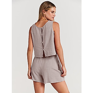 ANRABESS Women 2 Two Piece Outfits Lounge Matching Sets Linen Shorts Boho Aesthetic Clothes Sleeveless Tops 2023 Summer Outfits Vacation Beach 806yinhui-M, Light Grey