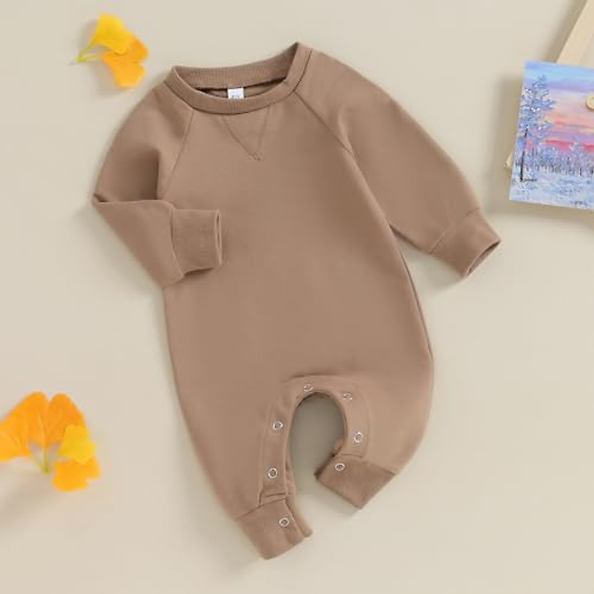 AEEMCEM Newborn Infant Baby Boy Girl Clothes Solid Color Long Sleeve Romper Jumpsuit Playsuit One Piece Bodysuit Fall Outfit (A-Light Brown, 6-12 Months)
