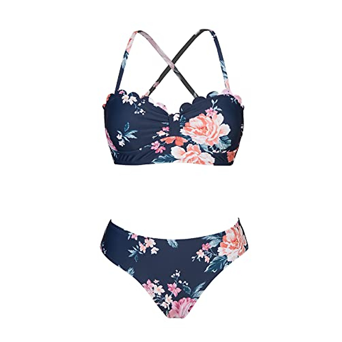 CUPSHE Bikini Set for Women Bathing Suit Scalloped Low Waisted Spaghetti Straps Crisscross Back Hook Kont, XL Navy Floral