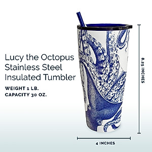 Caskata Lucy the Octopus Stainless Steel Insulated Tumbler | Cup, Lid & Straw Set for Travel, Commuting, & School | Perfect for Birthday, Christmas & Holiday Gifts | Blue on White Color | 30 oz