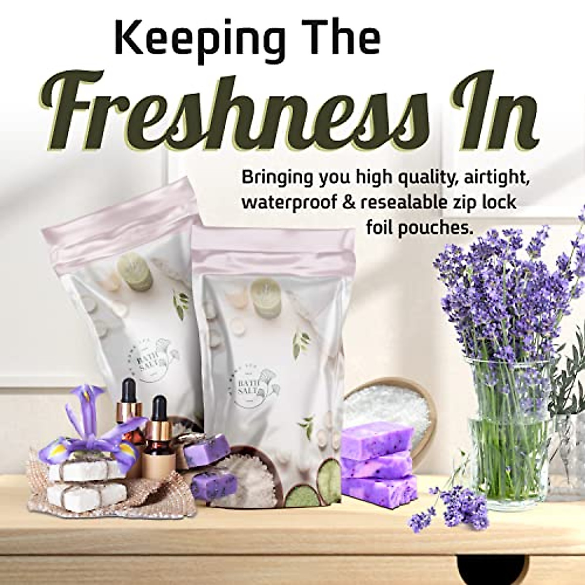 Resealable Standup Bags 3x4.7 +4x6 + 5x8 inches. 100 Pk – Airtight, Waterproof, Zip Lock Seal and/or Heat Seal - Opaque Foil Pouch - Food Grade Bags For Long Shelf-Life and Multipurpose Storage.