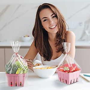 300 Pcs Pulp Fiber Basket Set, 100 Pcs Berry Basket Small Strawberry Vented Fiber Basket 100 Pcs Clear Packaging Bags 100 Pcs Tie Strips for Kitchen Market Fruit Vegetable Produce Storage (Pint Pink)