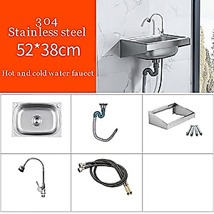 Mini Wall Hanging Sink Station,Stainless Steel Kitchen Washing Station, Utility Laundry Portable Single Bowl Hand washing Basin ,with Stand and Hot cold Tap,for Garage, Garden, Kitchen, RV ( Size : 52