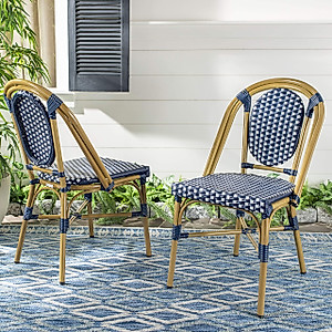 SAFAVIEH Outdoor Collection Lenda French Navy, White and Brown Stackable Bistro Chair (Set of 2)