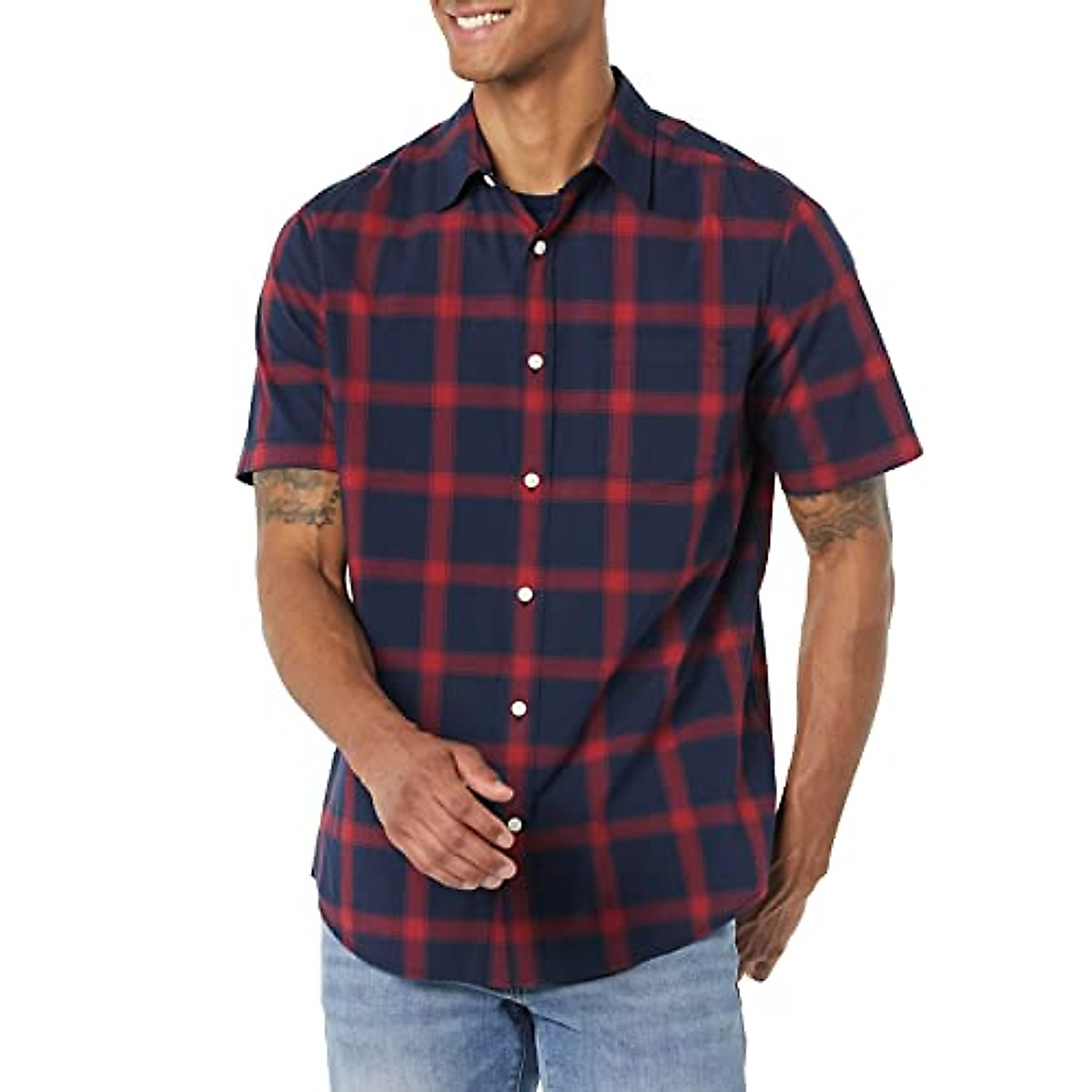 Amazon Essentials Men's Short-Sleeve Stretch Poplin Shirt (Available in Big & Tall), Navy Red Buffalo Plaid, Medium