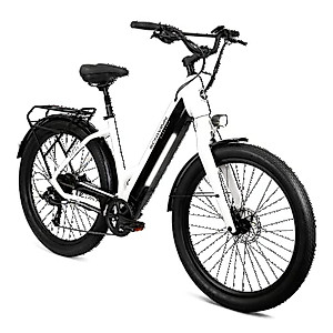 Schwinn Coston DX Adult Electric Hybrid Bike, Large/X-Large Step-Thru Frame, 7-Speed, 27.5 Inch Tires, 20-Inch Aluminum Frame, Gloss White