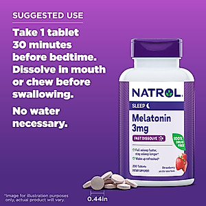 Natrol Melatonin 3mg, Strawberry-Flavored Dietary Supplement for Restful Sleep, 200 Fast-Dissolve Tablets, 200 Day Supply