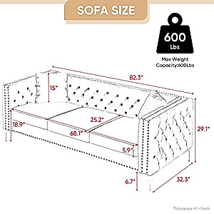 KINFFICT Velvet Sofa Couch, Modern Upholstered Living Room Sofa with 2 Pillows, 3 Seat Sofa with Nailhead Trim, Jeweled Button Tufted, Chrome Metal Legs (Black, 3 Seat)