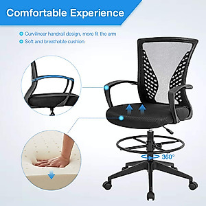 Drafting Chair Tall Ergonomic Office Chair Home Desk Chair Rolling Computer Mesh Swivel Modern Executive Task Chair with Height Adjustable Foot Rest Mid Back Lumbar Support Armrest Black