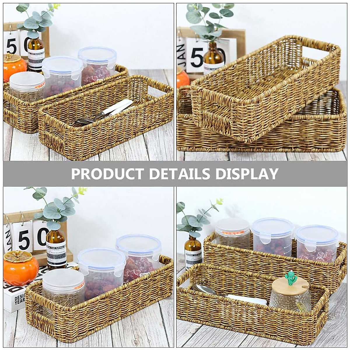 BESTonZON Plastic Woven Storage Basket Rattan Kitchen Cutlery Holder Stand Silverware Basket Kitchen Utensil Drawer Organizer Farmhouse Serving Basket for Kitchen Office