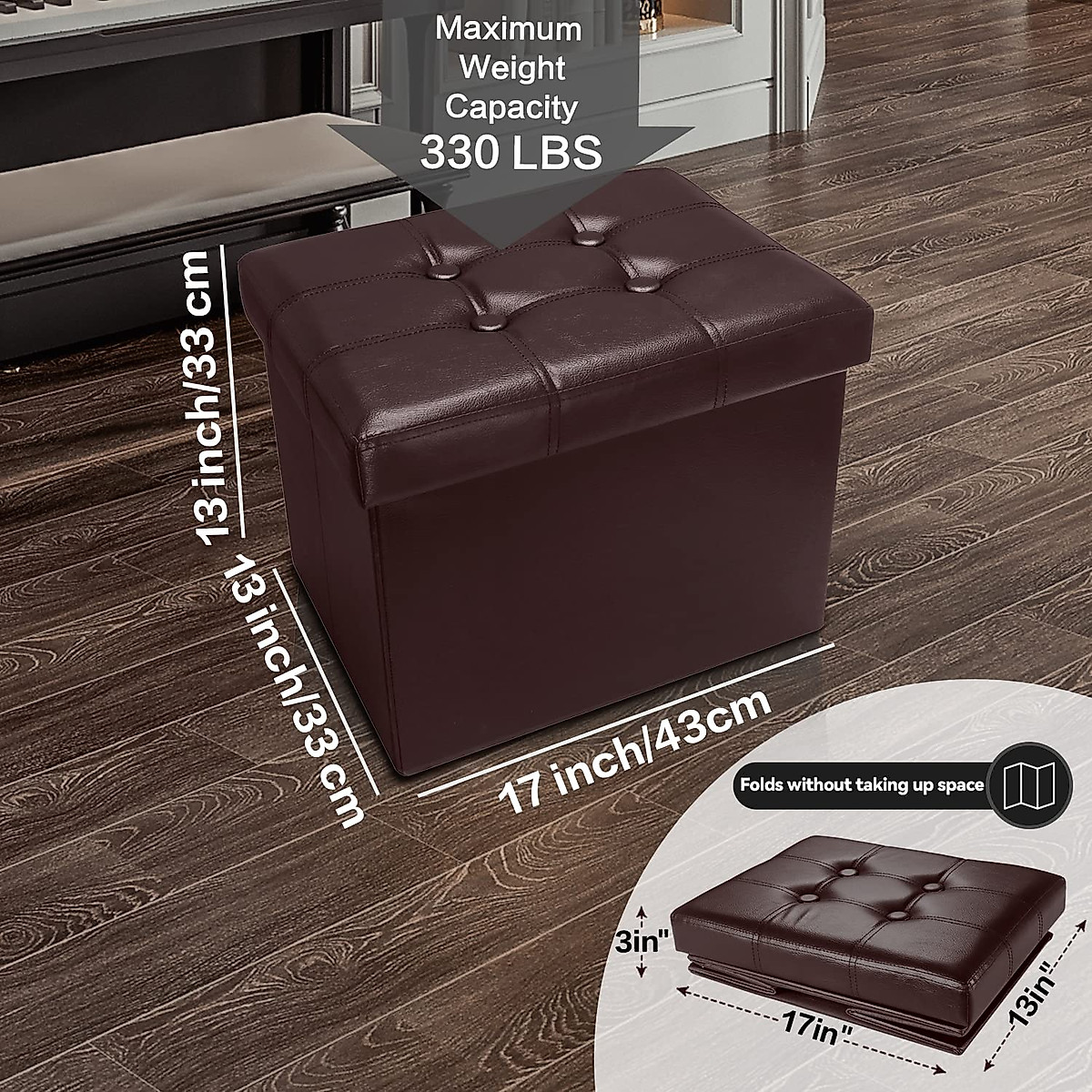 AmasSmile® Storage Ottoman Folding Foot Rest Stool, 17 inch Leather Footstool Bench, Short Ottoman Stool, Storage Foot Rest Store, Books, Records Support 330 lbs, Brown