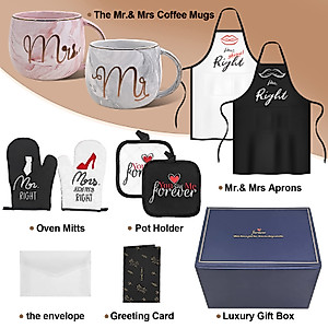 rnairni Mr and Mrs Aprons, Perfect Christmas Gifts for Couples Who Have Everything,Nice Engagement Gift,Wedding Gifts and Bridal Shower Gifts,Mr and Mrs Gifts Include Aprons,Gloves,Mats,Mug,A Card
