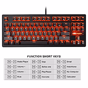 Mechanical Gaming Keyboard - MK1 RED LED Backlit Mechanical Keyboards - Small Compact 87 Key Metal Mechanical Computer Keyboard USB Wired Blue Equivalent Switches for Windows PC Gamers - Black