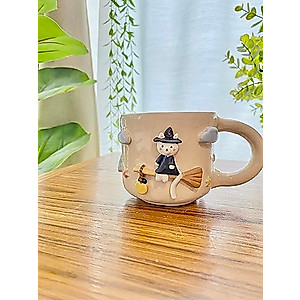 Witch cat on the broom wizard world, magic white Handmade ceramic cup, Hand-painted mug, Unique Surprise gift for Christmas or Birthday. Dishwasher and Microwave safe