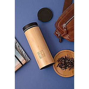 Santai Living Click Open Vacuum Insulated Travel Mug - Bamboo & Double Walled Stainless Steel Thermo Flask 14oz/400ml