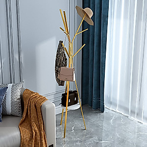 IOTXY Metal Coat Rack Tree - 71 inches Tall Floor Standing Clothing Hanger with Wooden Shelf and 9 Hooks for Handbag Jacket Scarf Rack, Gold