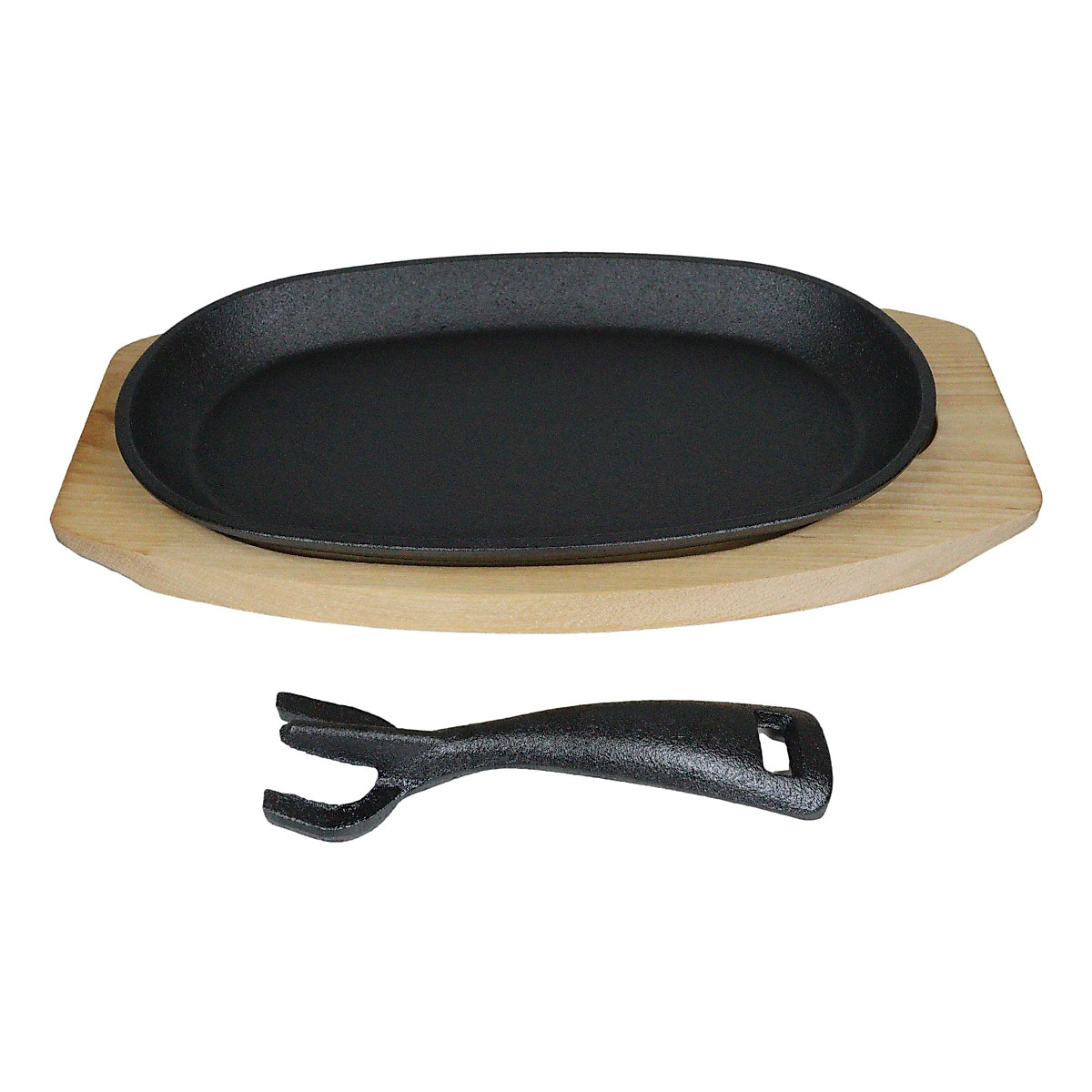 Ebros Personal Sized 9.5"Lx5.5"W Cast Iron Sizzling Fajita Skillet Japanese Steak Plate With Handle and Wooden Base For Restaurant Home Kitchen Cooking Accessory For Pan Grilling Meats Seafood