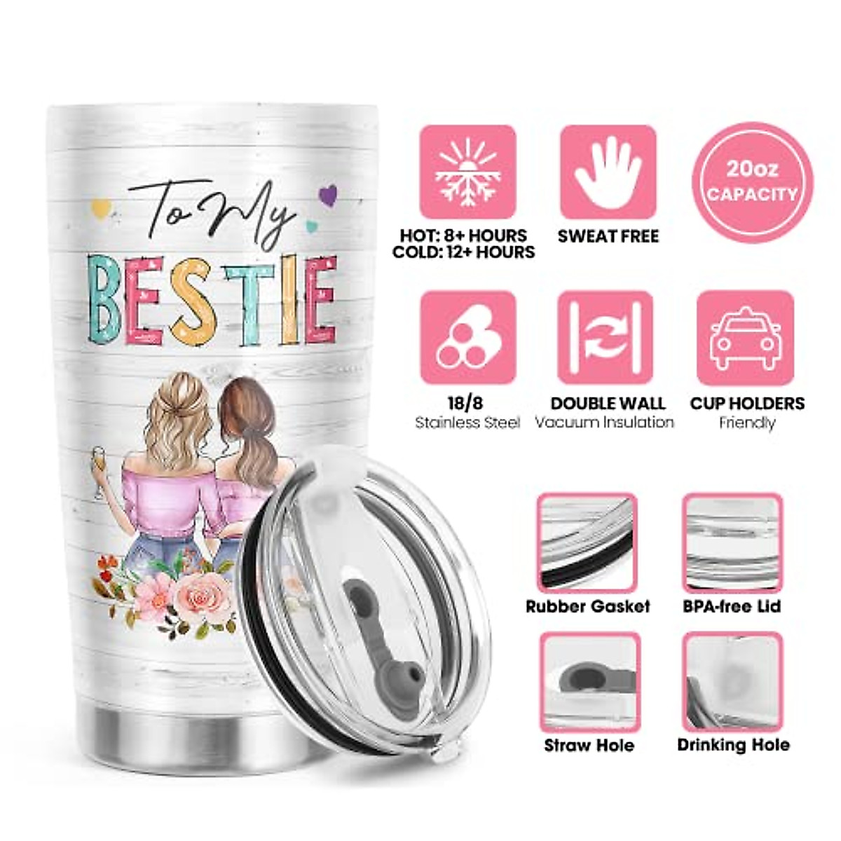 Pawzity Gifts for Best Friends Women Birthday - Mothers Day gifts for friend - Friendship Gifts for Women Friends, Gifts for Friends, Friend Gifts, Bestie Gifts for Women - 20 Oz Bestie Tumbler
