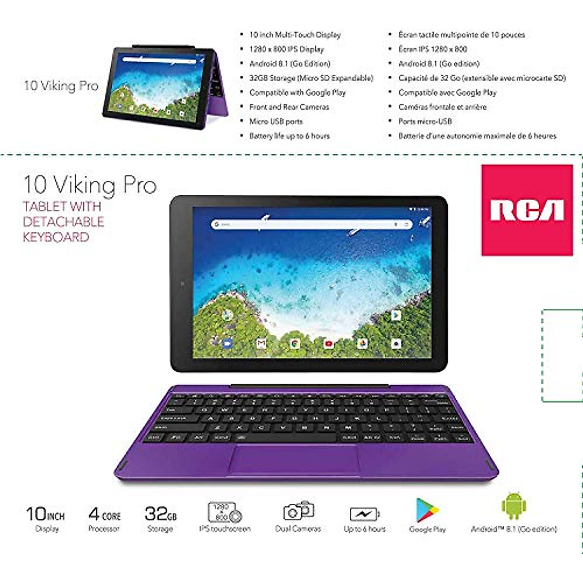 2016 Newest Premium High Performance RCA Viking Pro 10.1" 2-in-1 Touchscreen Laptop Computer Tablet Quad-Core Processor 1G Memory 32GB Hard Drive Detachable-Keyboard Webcam Android 5.0 Lollipop Purple