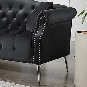 Lepfun Chesterfield Velvet Sofa Classic Loveseat Contemporary Upholstered Couch Button Tufted Nailhead Trimming Curved Backrest Rolled Arms with Silver Metal Legs Living Room,4 Pillows Included,Black