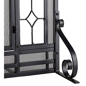 Plow & Hearth Metal Fireplace Screen Glass Floral Black | 44" W x 33" H | 2 - Door | Spark Guard Indoor Grate | Iron Fire Place Cover | Wood Burning Stove Decorative Accessories