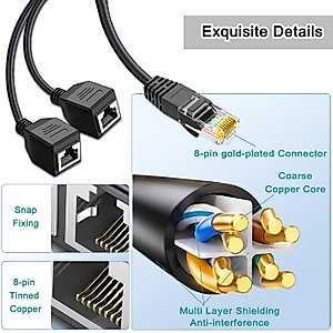 ukiism Ethernet Splitter 1 to 2, RJ45 Splitter LAN Starlink Ethernet Adapter Internet Cable Network Cable 1 Male to 2 Female Suitable Cat5, Cat5e, Cat6, Cat7 LAN Ethernet Socket Connector